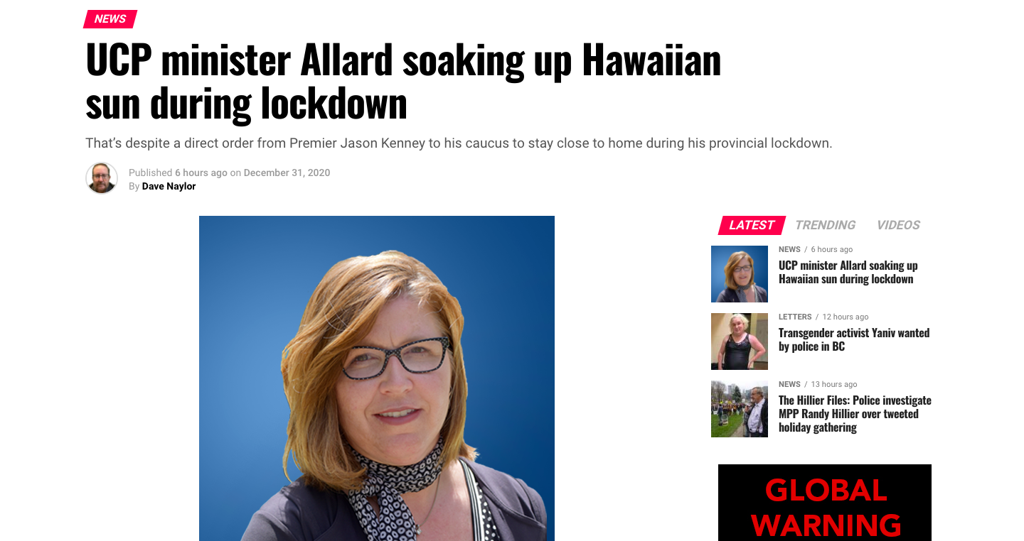UCP minister Tracy Allard soaking up Hawaiian sun during lockdown - The ...