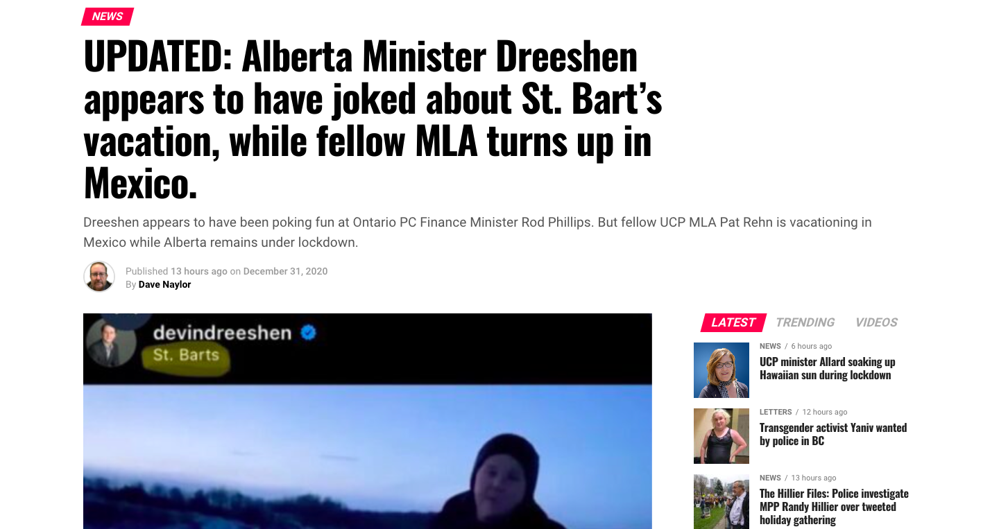 Alberta Minister Devin Dreeshen appears to have joked about St. Bart’s ...