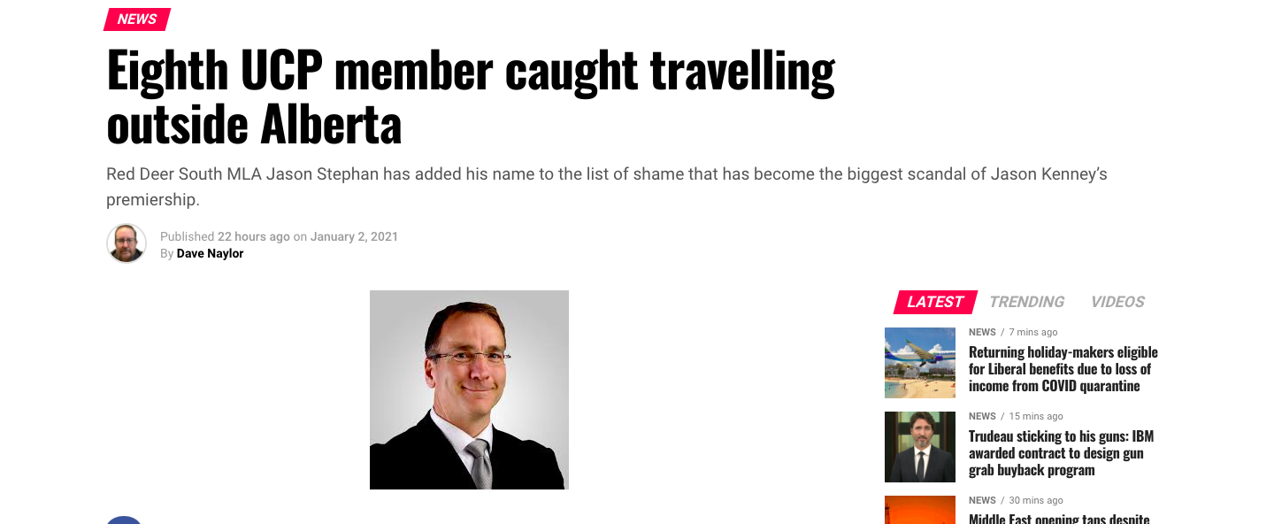 Red Deer South MLA "Jason Stephan" UCP member caught travelling outside ...