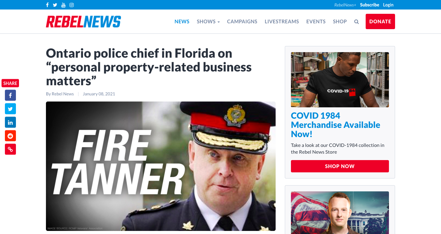 Ontario police chief "Stephen Tanner" in Florida on “personal property ...