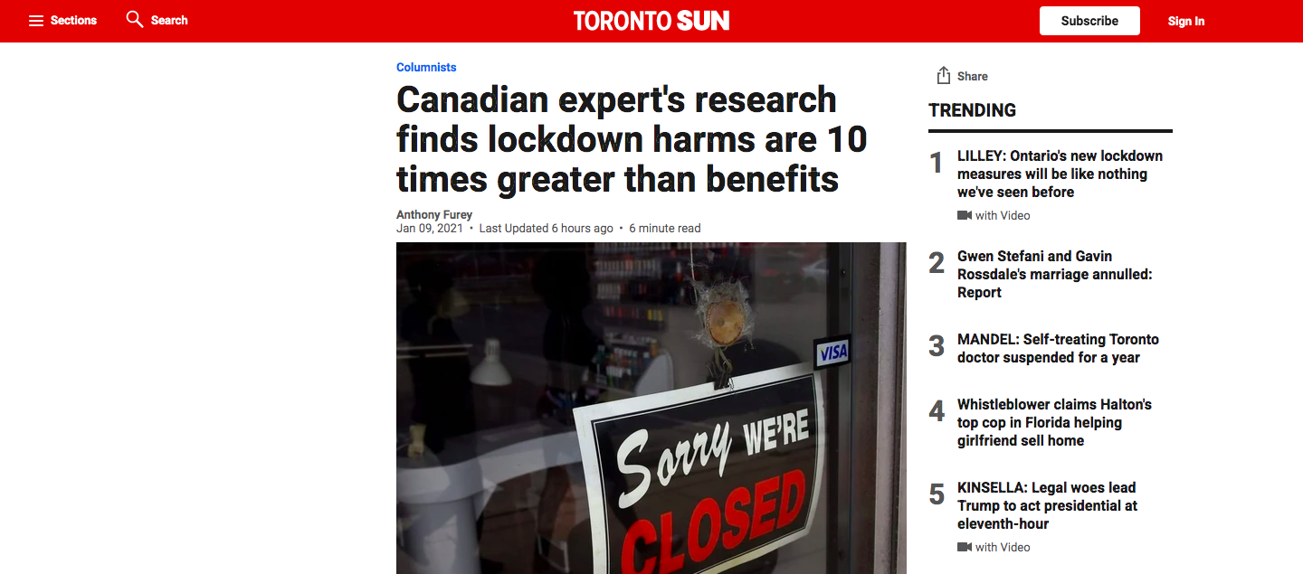 Canadian expert's research finds lockdown harms are 10 times greater ...